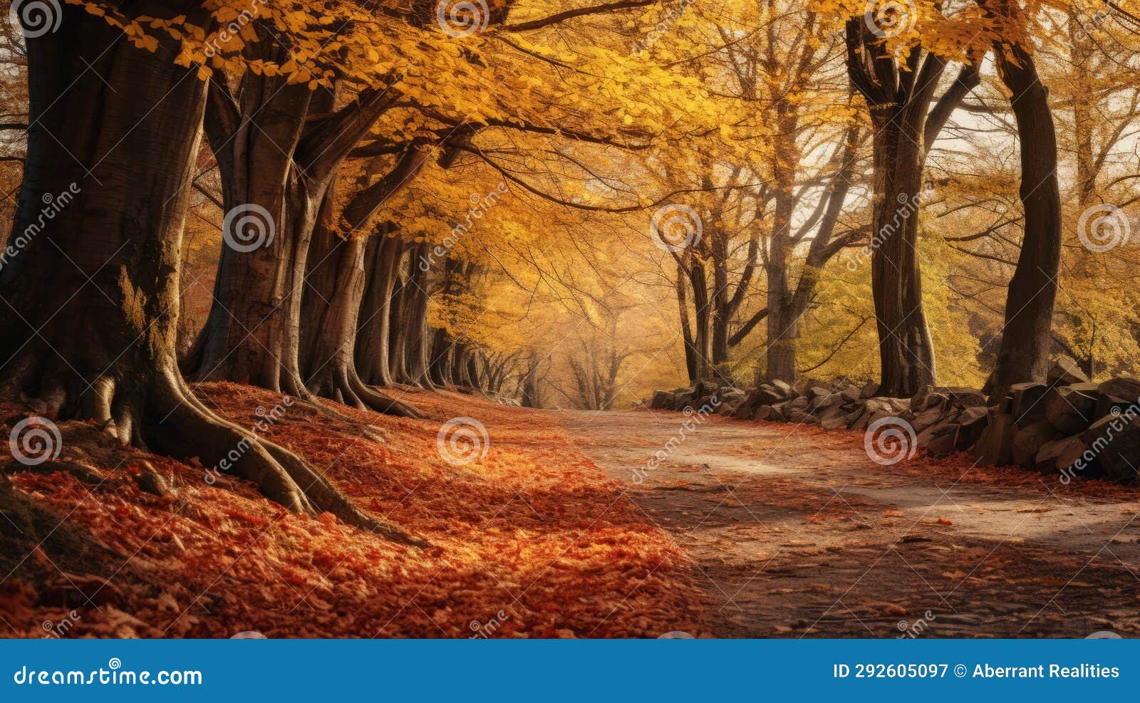 Autumn Trees Line a Path in the Woods with Leaves on the Ground Stock ...