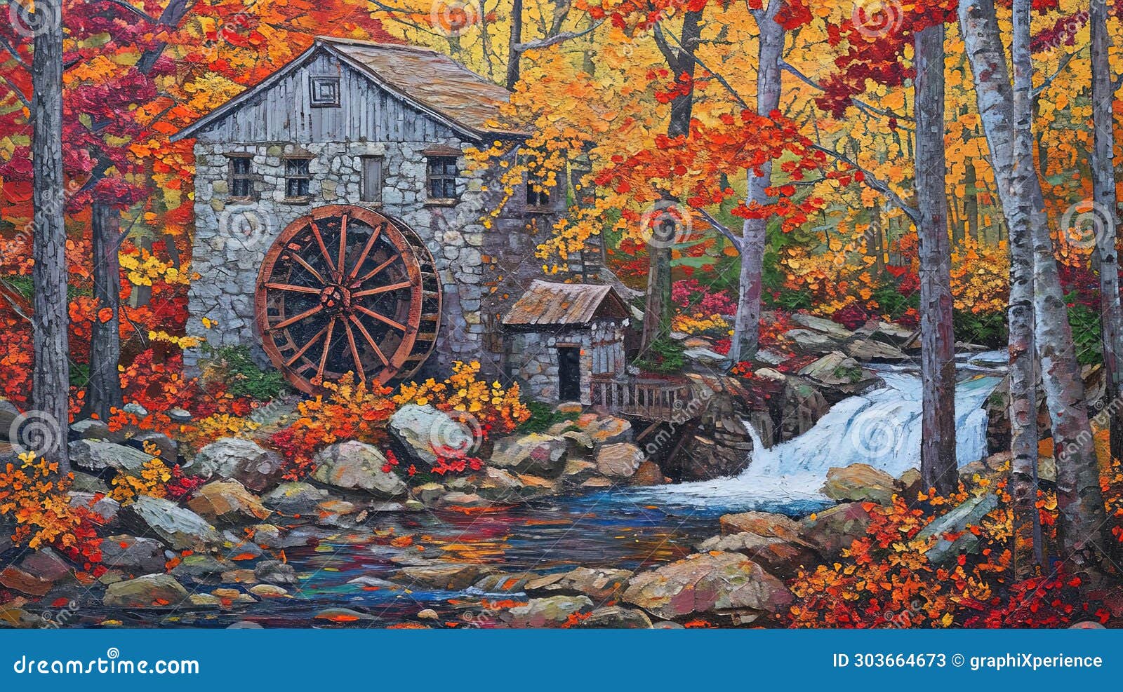 Autumn Watermill Painting stock illustration. Illustration of yellow ...
