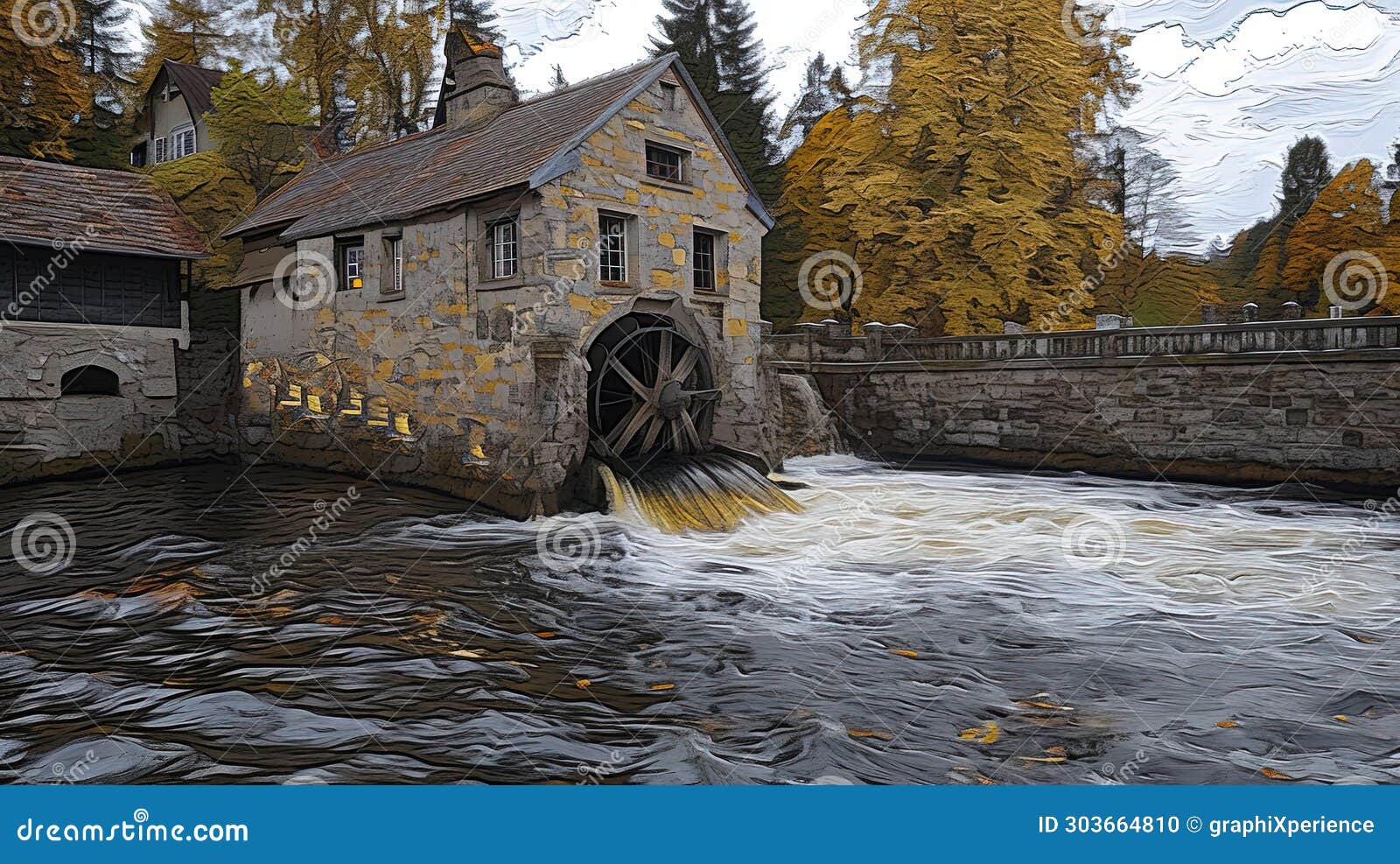 Autumn Watermill Painting stock illustration. Illustration of rural ...