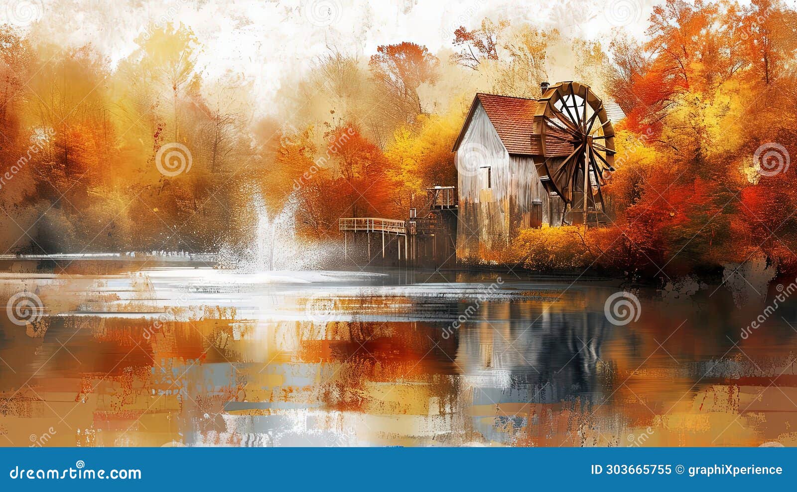 Autumn Watermill Painting stock illustration. Illustration of trees ...