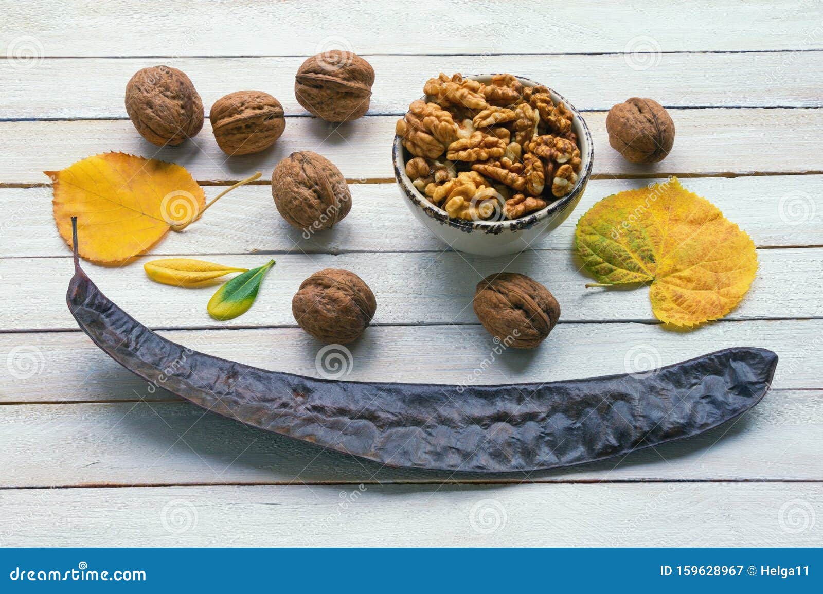 Autumn. Whole Walnuts, Walnut Kernels, Yellow Leaves and Pod of ...