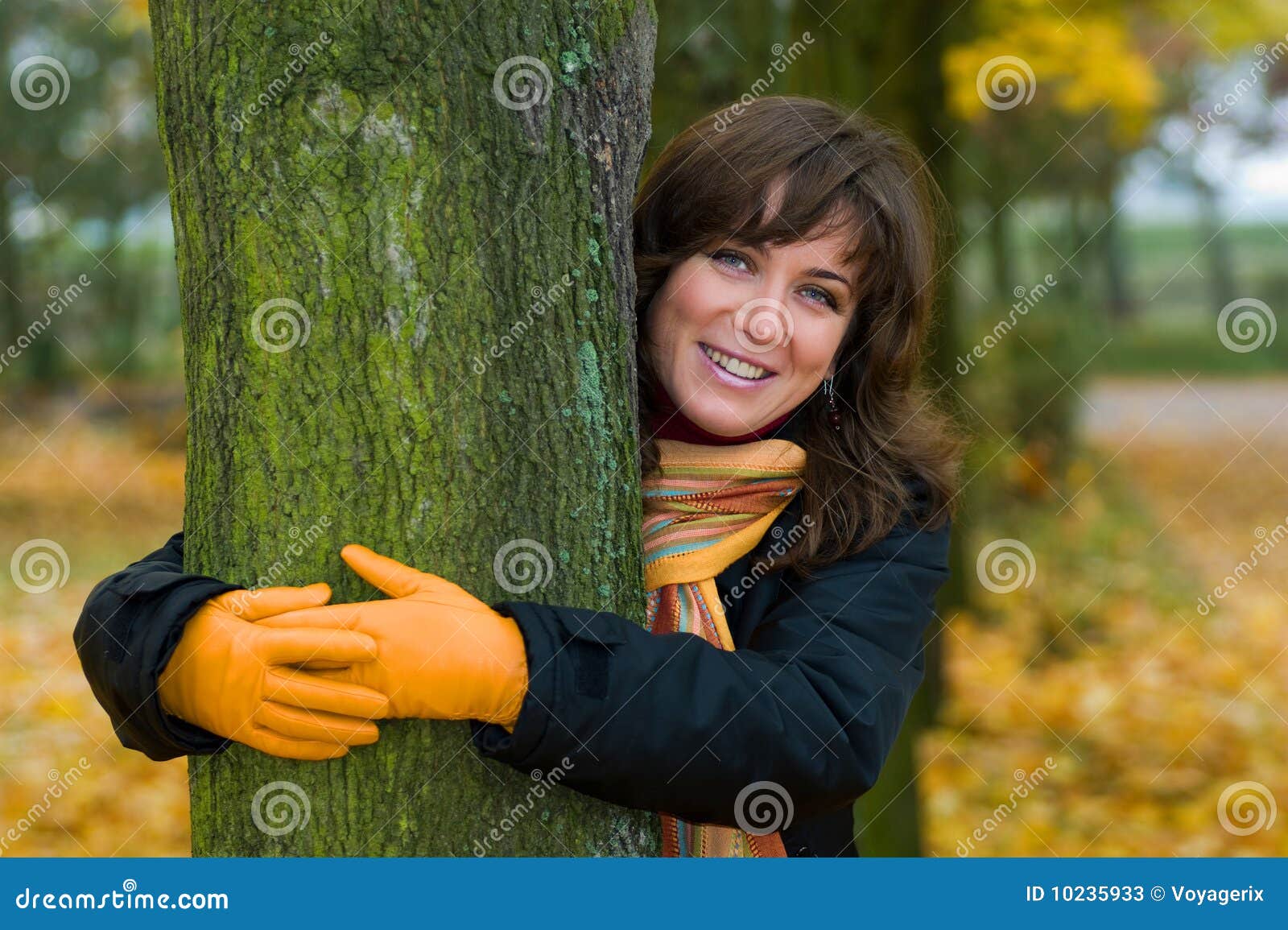 Autumn - Woman Embracing a Tree Stock Image - Image of beautiful ...