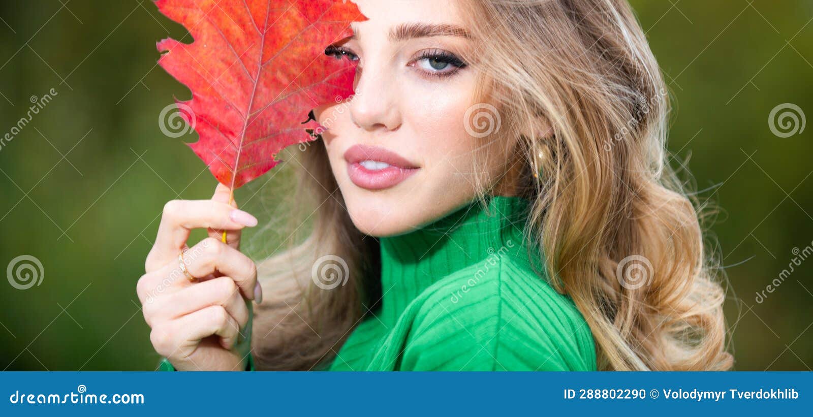 Autumn Woman With Fall Yellow Maple Leaf Outdoor Portrait Beautiful