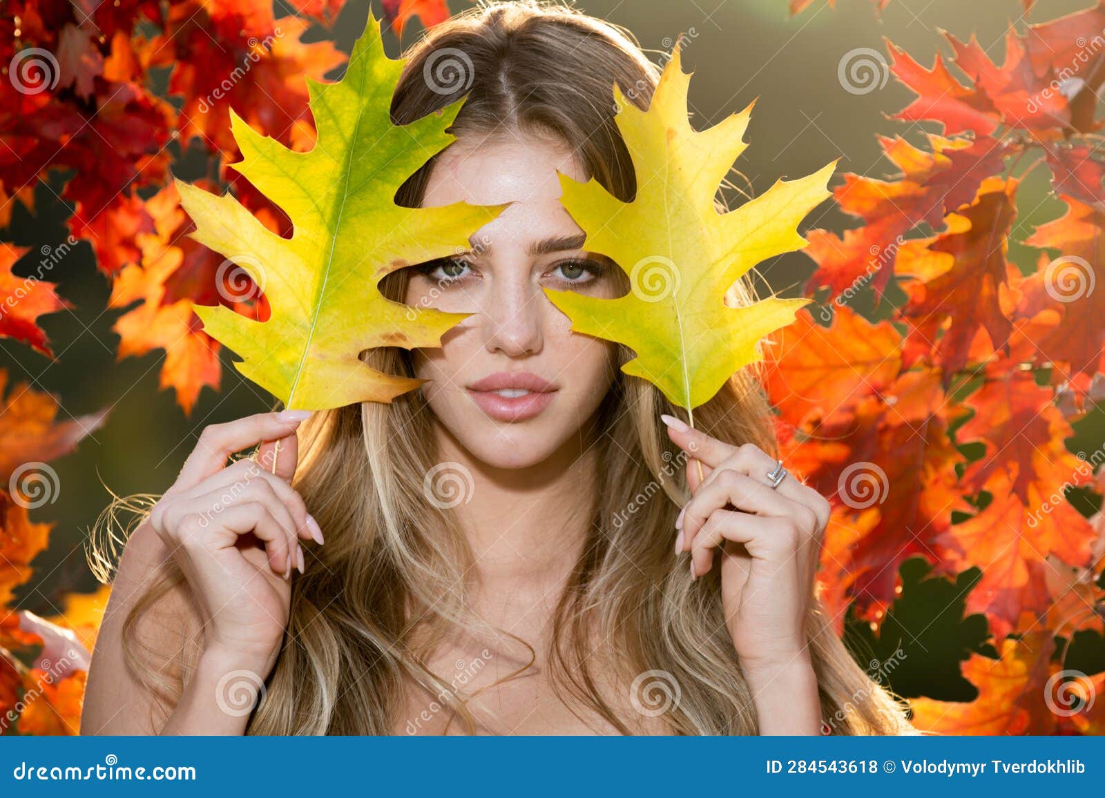 Autumn Woman With Fall Yellow Maple Leaf Outdoor Portrait Beautiful
