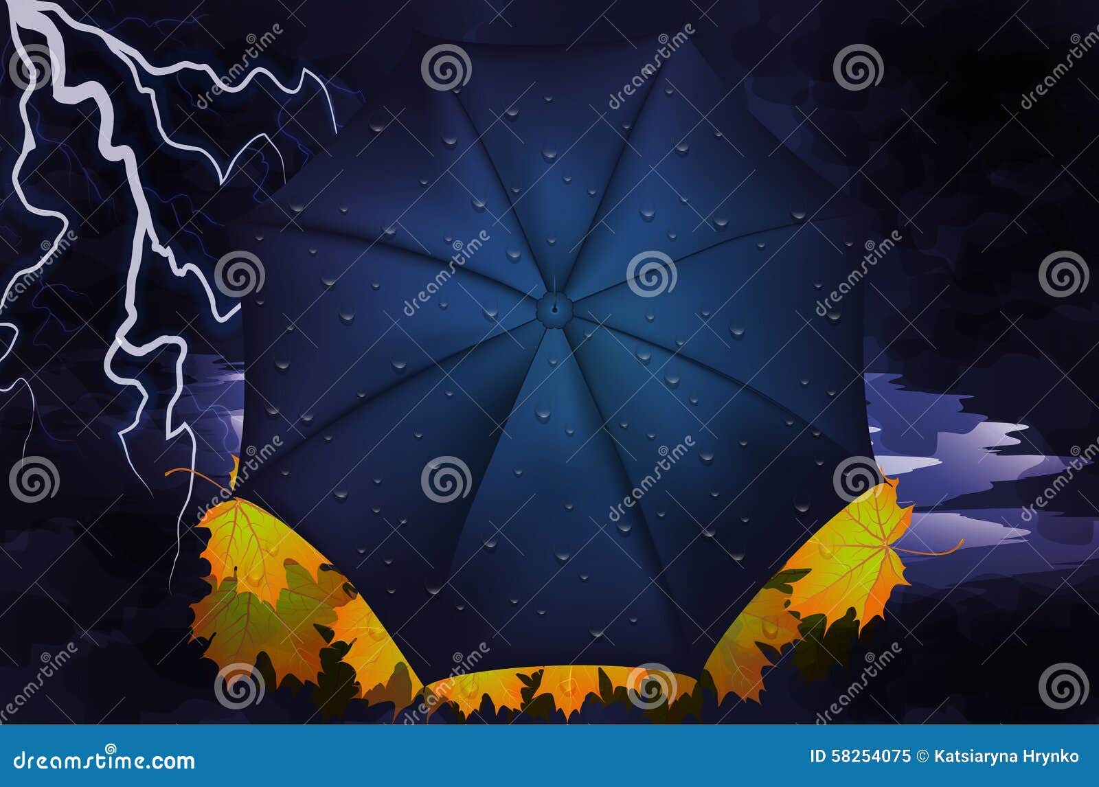 Autumn. Yellow Leaves, Lightning and Umbrella Stock Vector ...