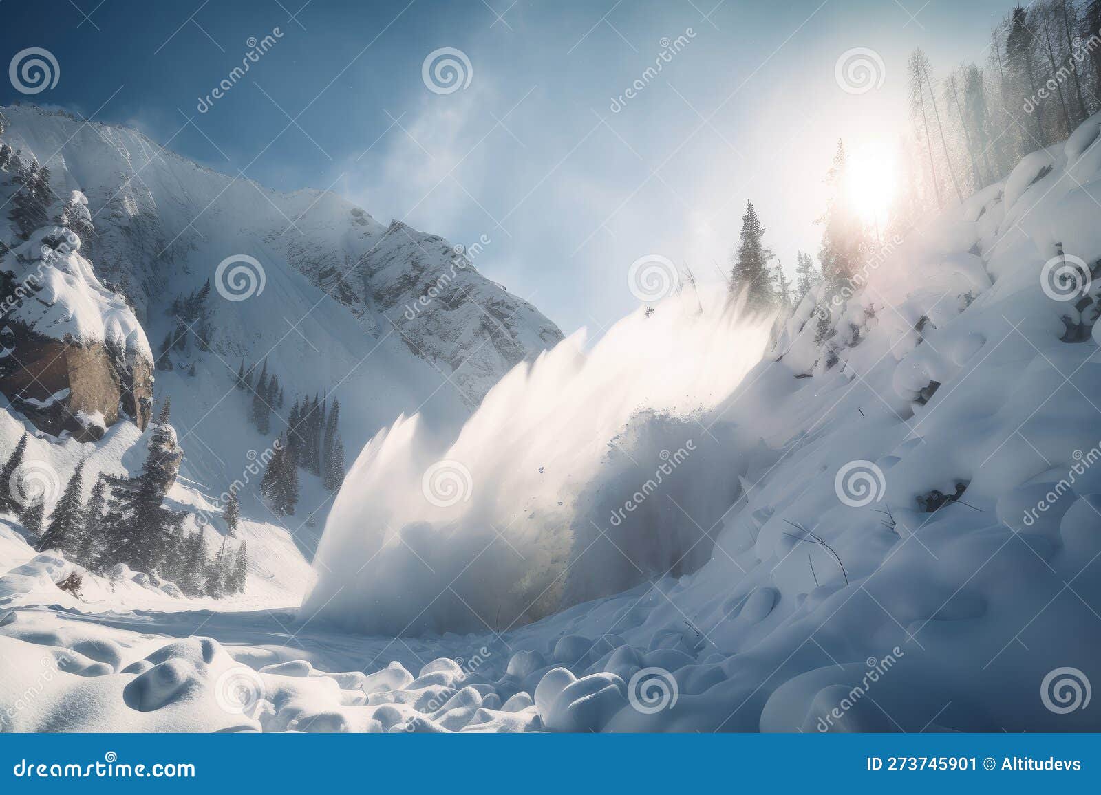 Avalanche Crashing Down the Sides of a Mountain, with Gleaming Snow and ...