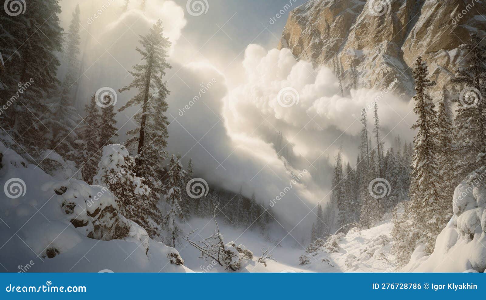 An Avalanche Descends from the Mountains, Breaking Trees and ...