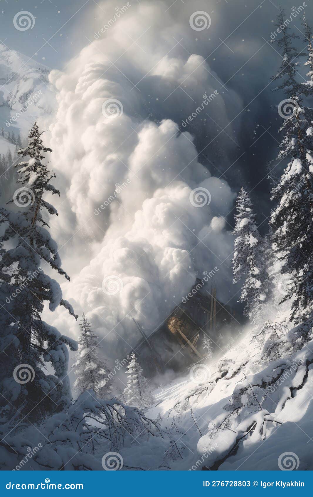 An Avalanche Descends from the Mountains, Breaking Trees and ...