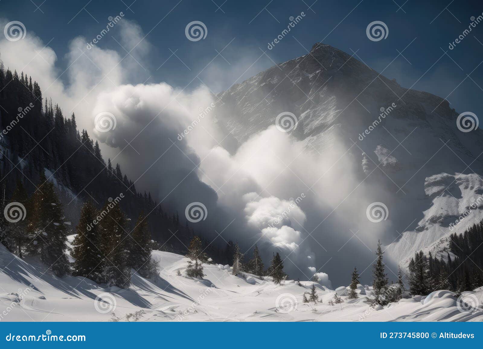 Avalanche from a Distant View, with Clouds and Snow Blowing in the Wind ...