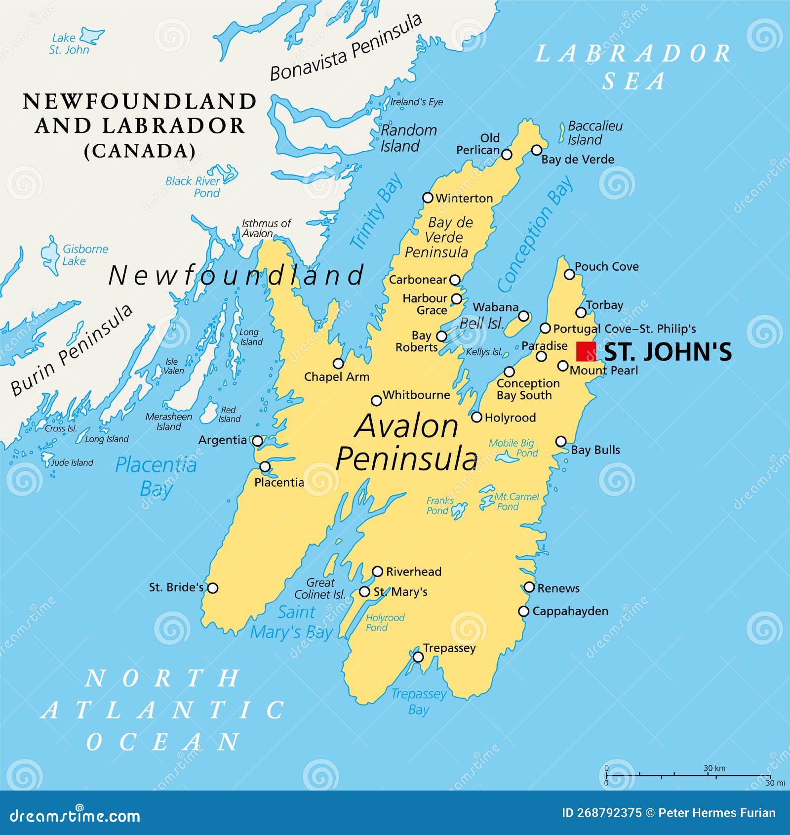 Avalon Peninsula, Political Map, a Portion of Island of Newfoundland ...