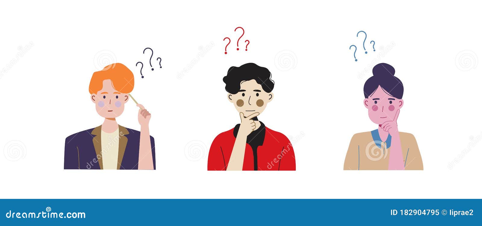 Collection of Thinking People. Young Man and Woman are Think Try Solve ...