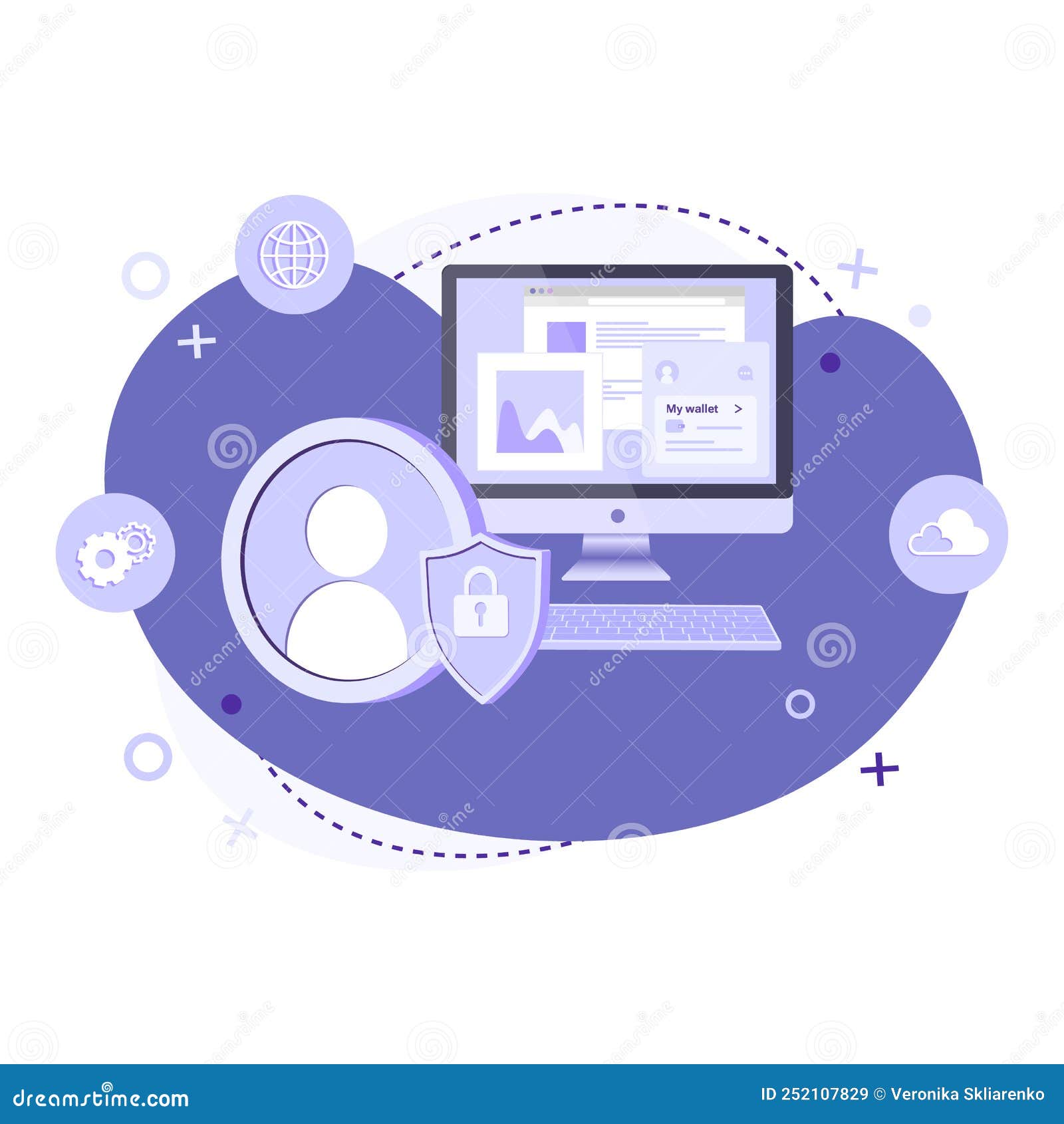 Avatar Icon, Computer and Shield with Lock on Abstract Background ...