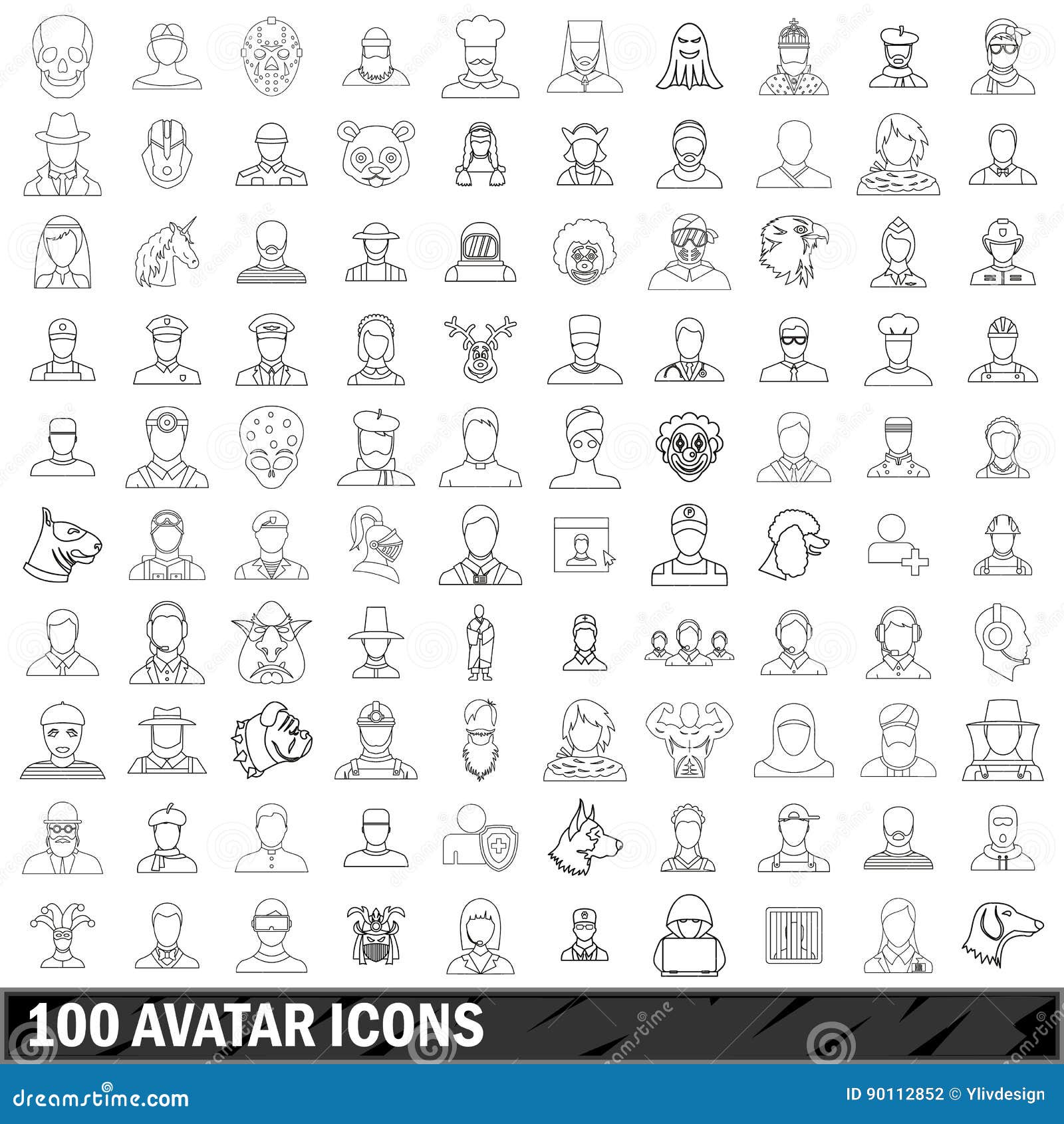 100 Avatar Icons Set, Outline Style Stock Vector - Illustration of deer ...