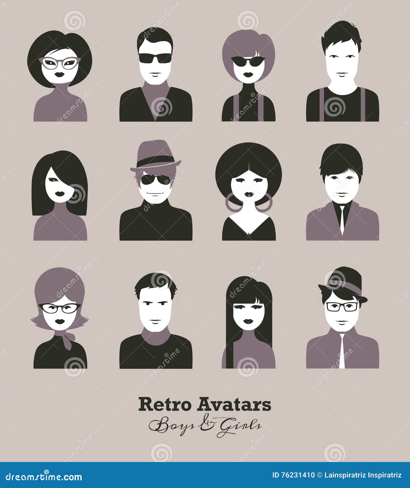 Avatar Various Boys & Girls Retro Style Stock Illustration ...