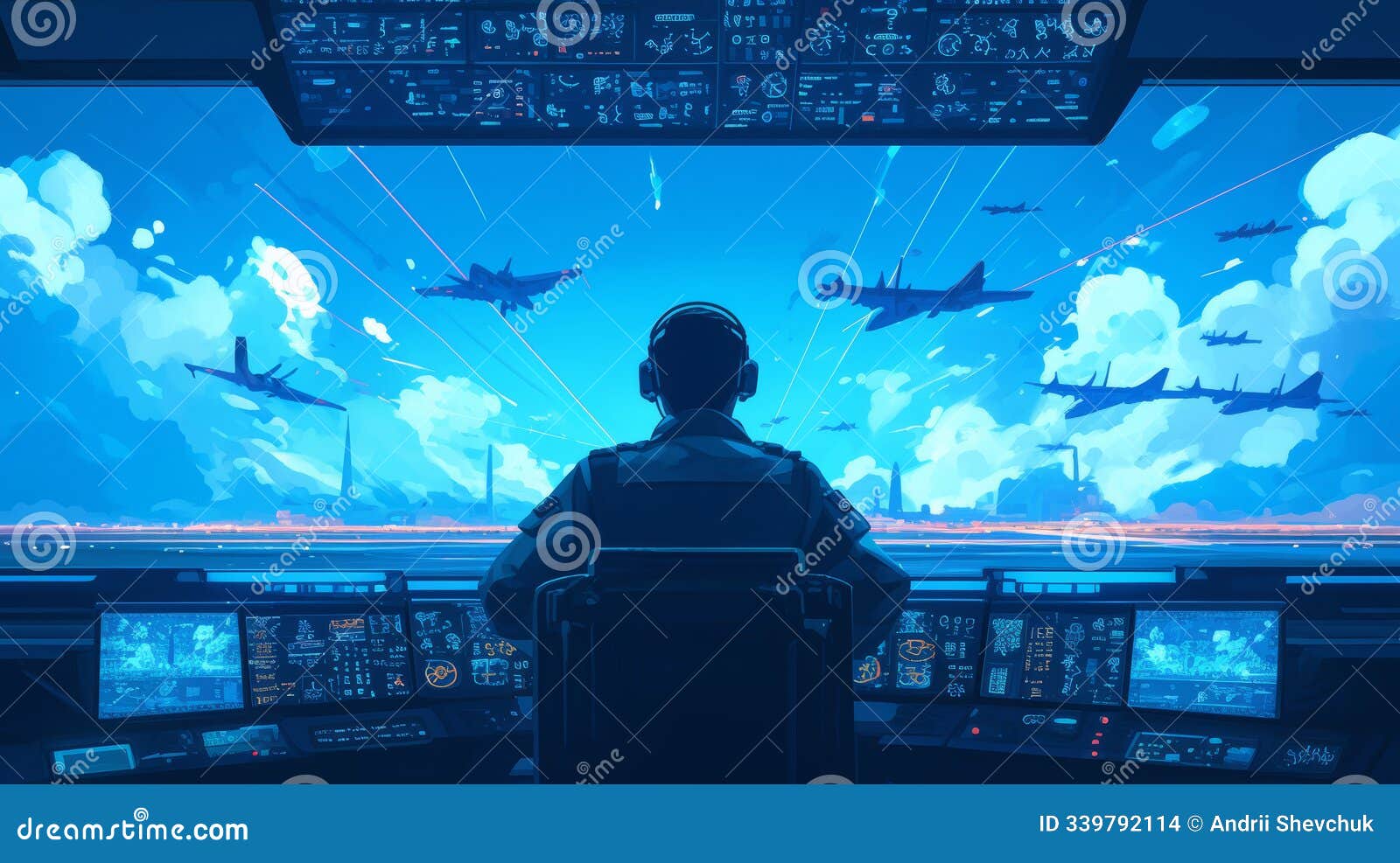 Aviation Control Room with Pilot Navigating Aircraft on Screen Stock ...