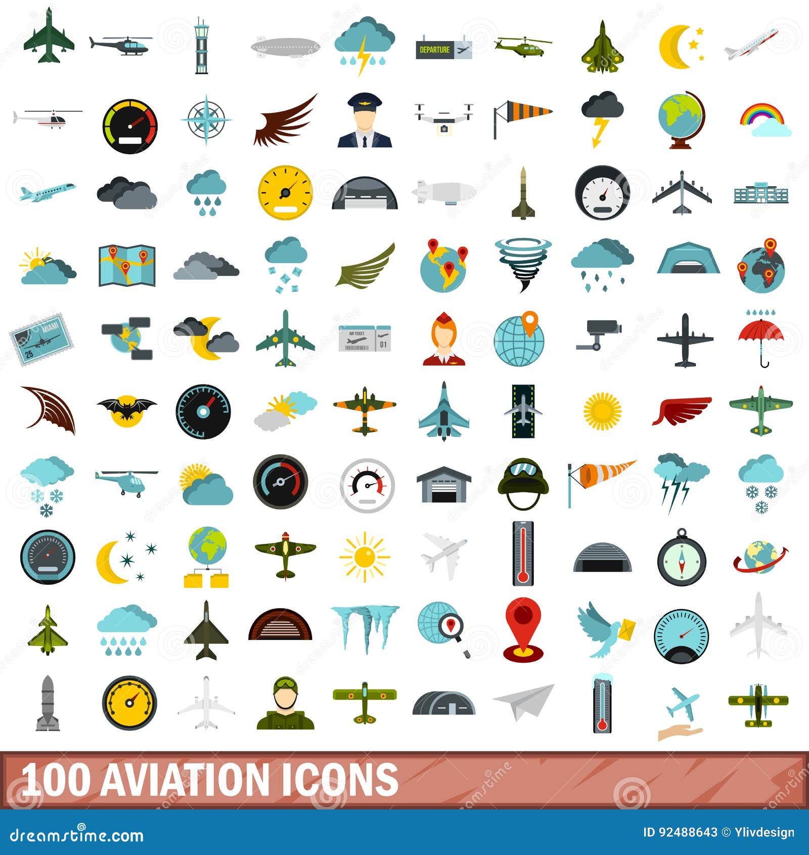 100 Aviation Icons Set, Flat Style Stock Vector - Illustration of pilot ...