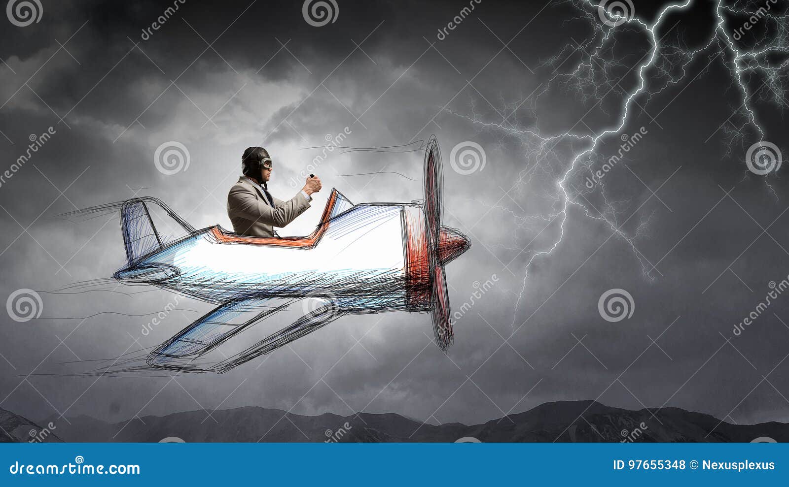 Aviator in Drawn Airplane. Mixed Media Stock Photo - Image of aviation ...