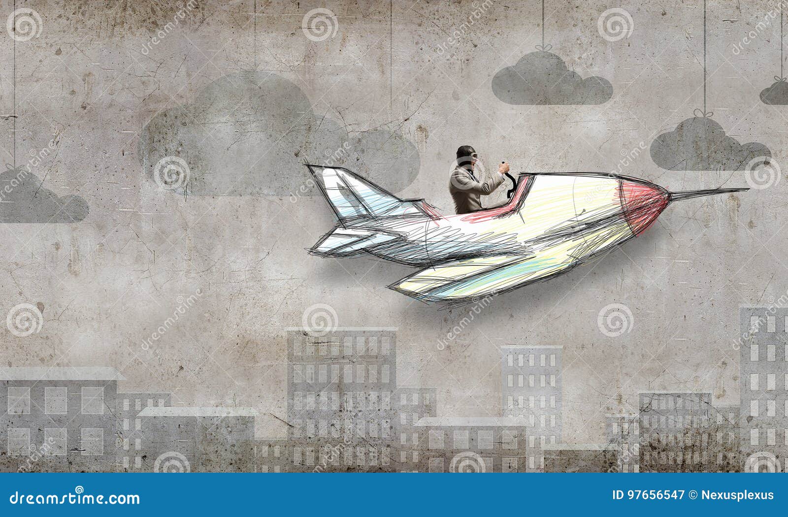 Aviator in Drawn Airplane. Mixed Media Stock Image - Image of goggles ...