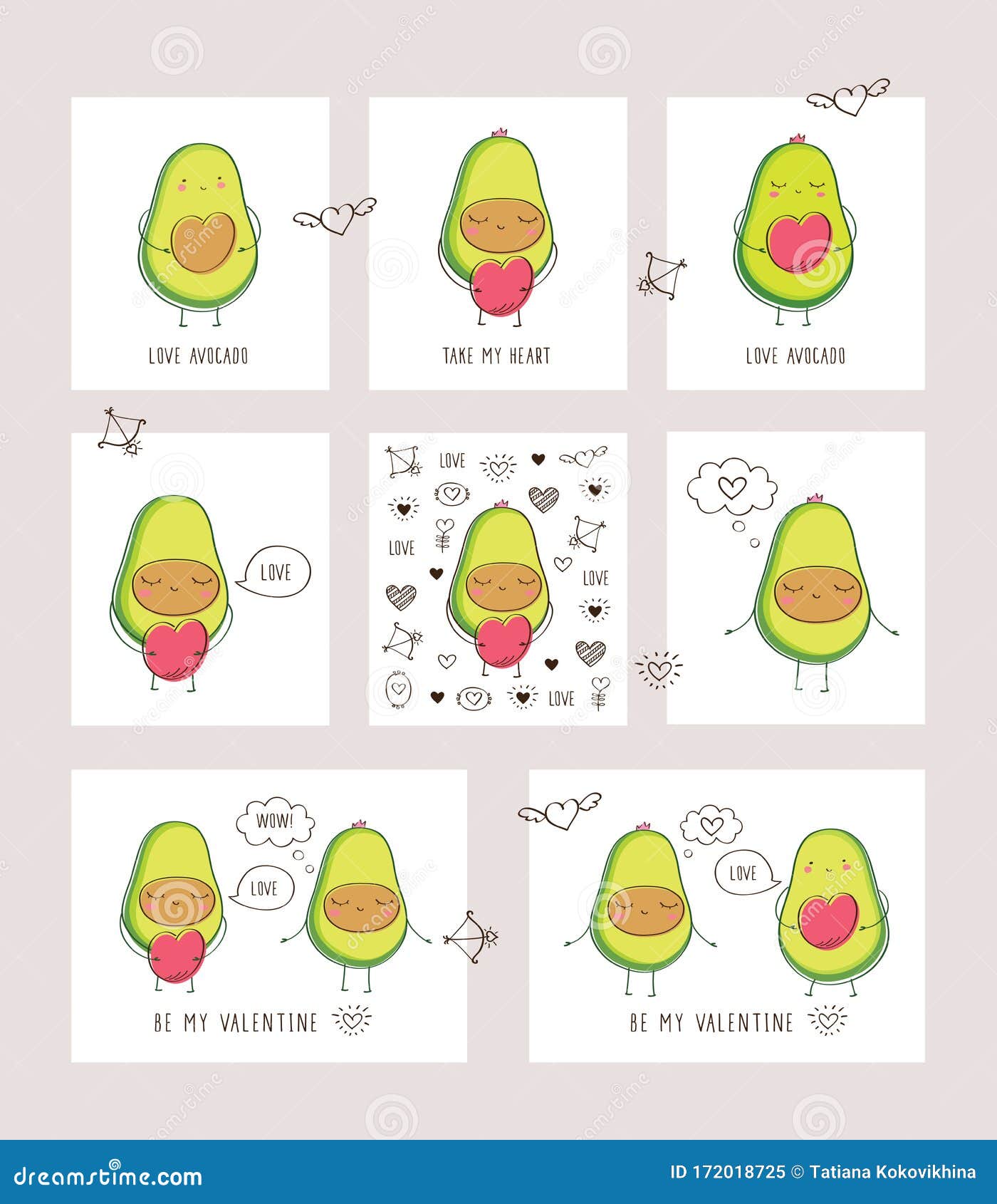Hand Drawn Cute Avocados with Pink Hearts. Stock Vector - Illustration ...