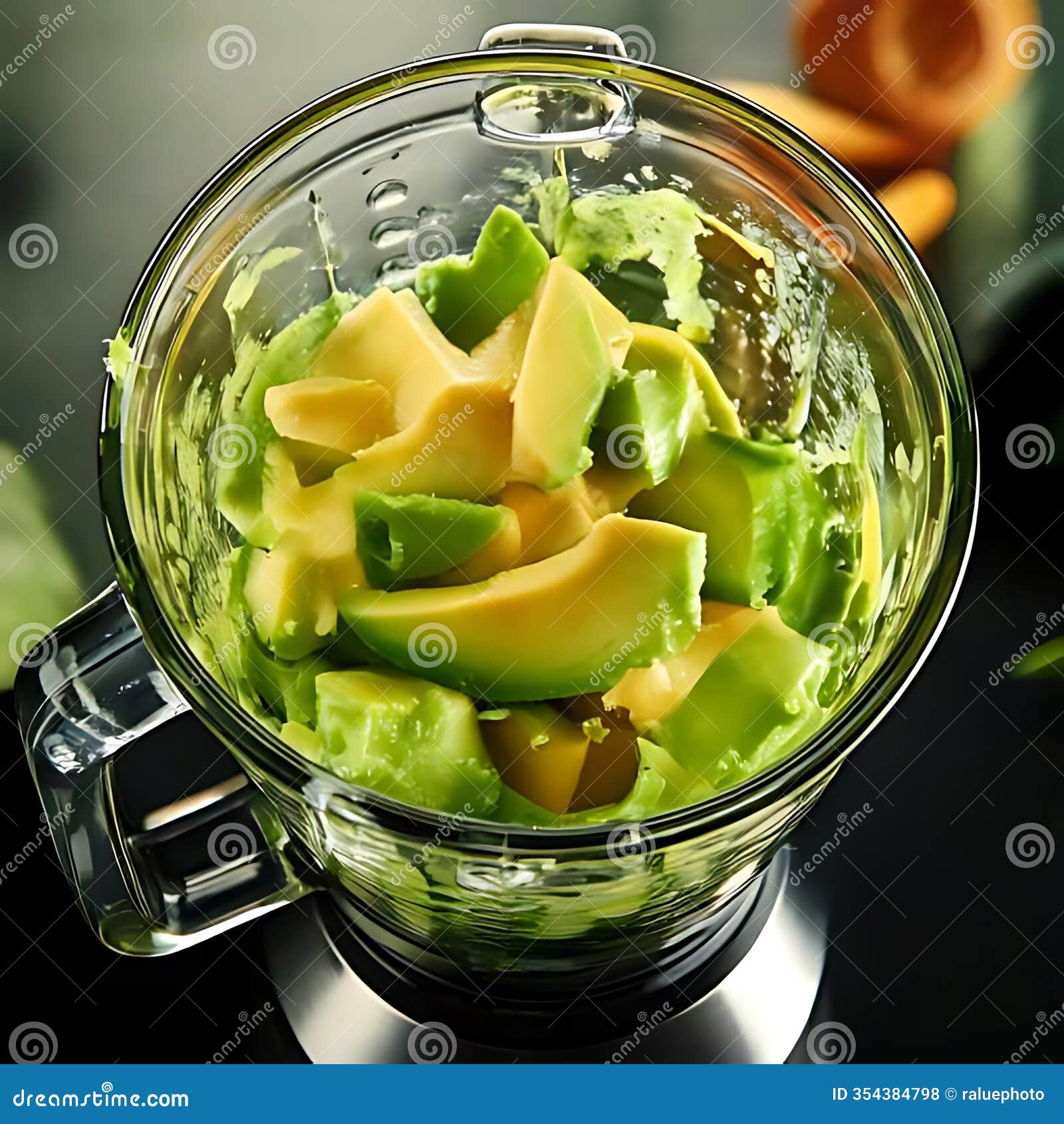 Avocado Chunks are Inside a Blender, Ready To Be Processed, Close-up ...