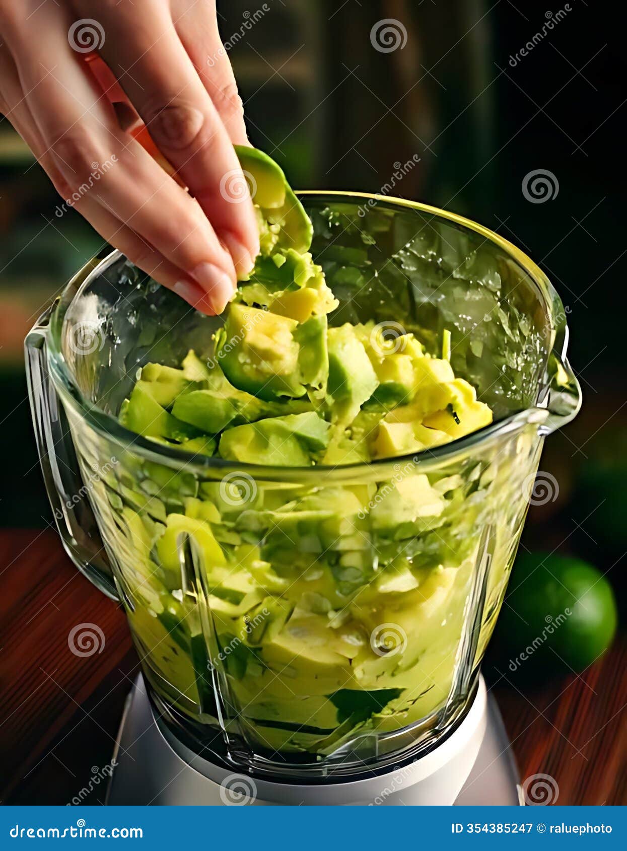 Avocado Chunks are Inside a Blender, Ready To Be Processed, Close-up ...