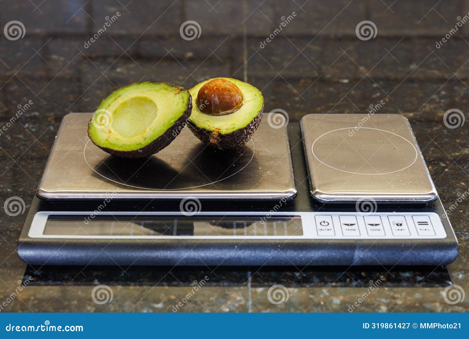 Avocado Halves Split Slices on Kitchen Scale for Portion Control and ...