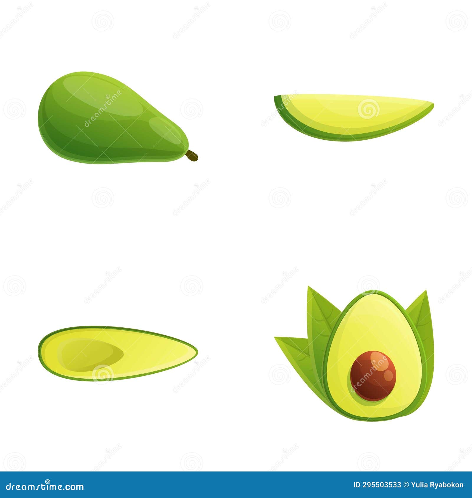 Avocado Icons Set Cartoon Vector. Whole and Cut in Half Avocado with ...