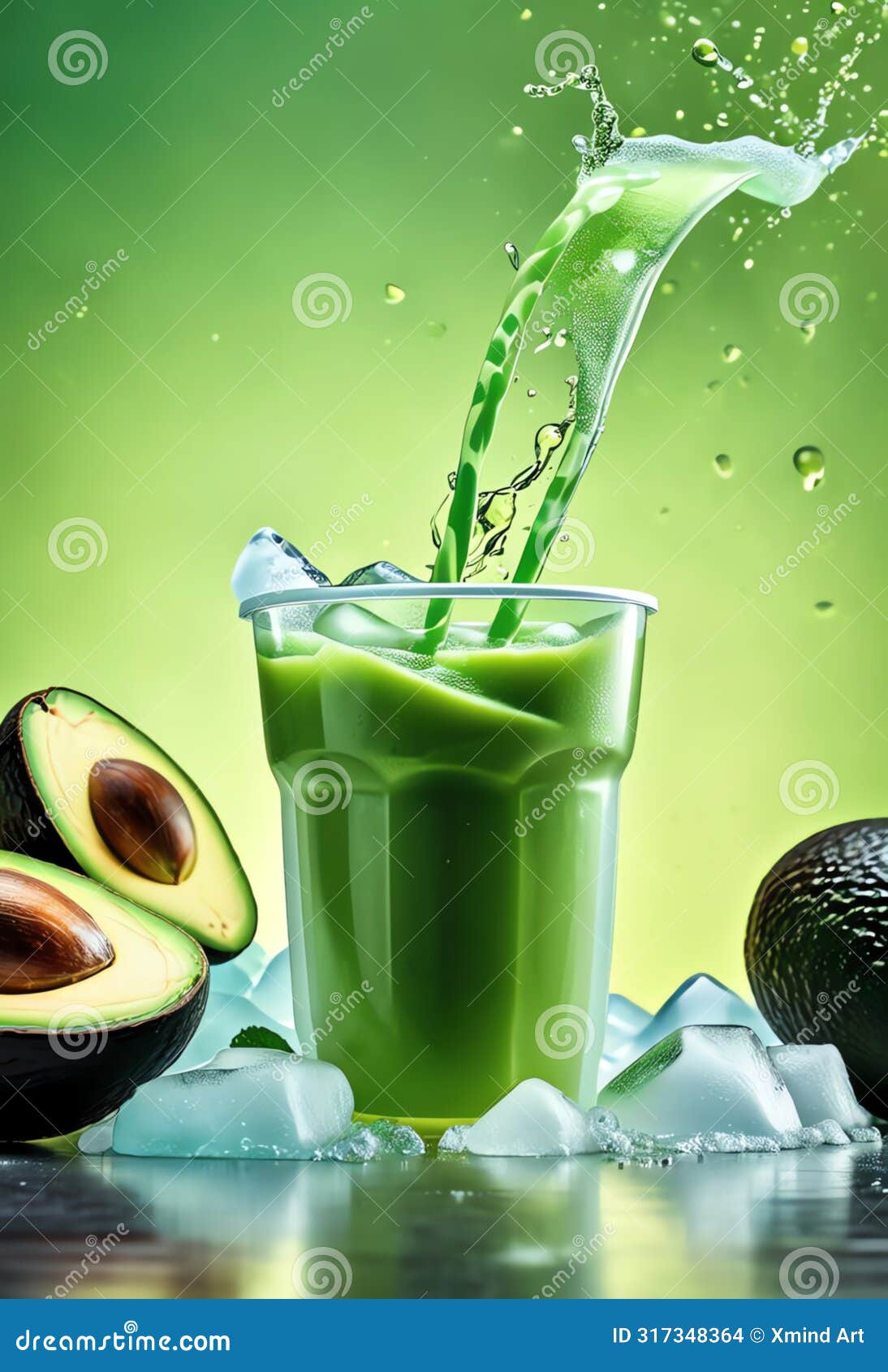 Avocado Juice with Splash Motion Effect and Avocado Fruit on Green ...