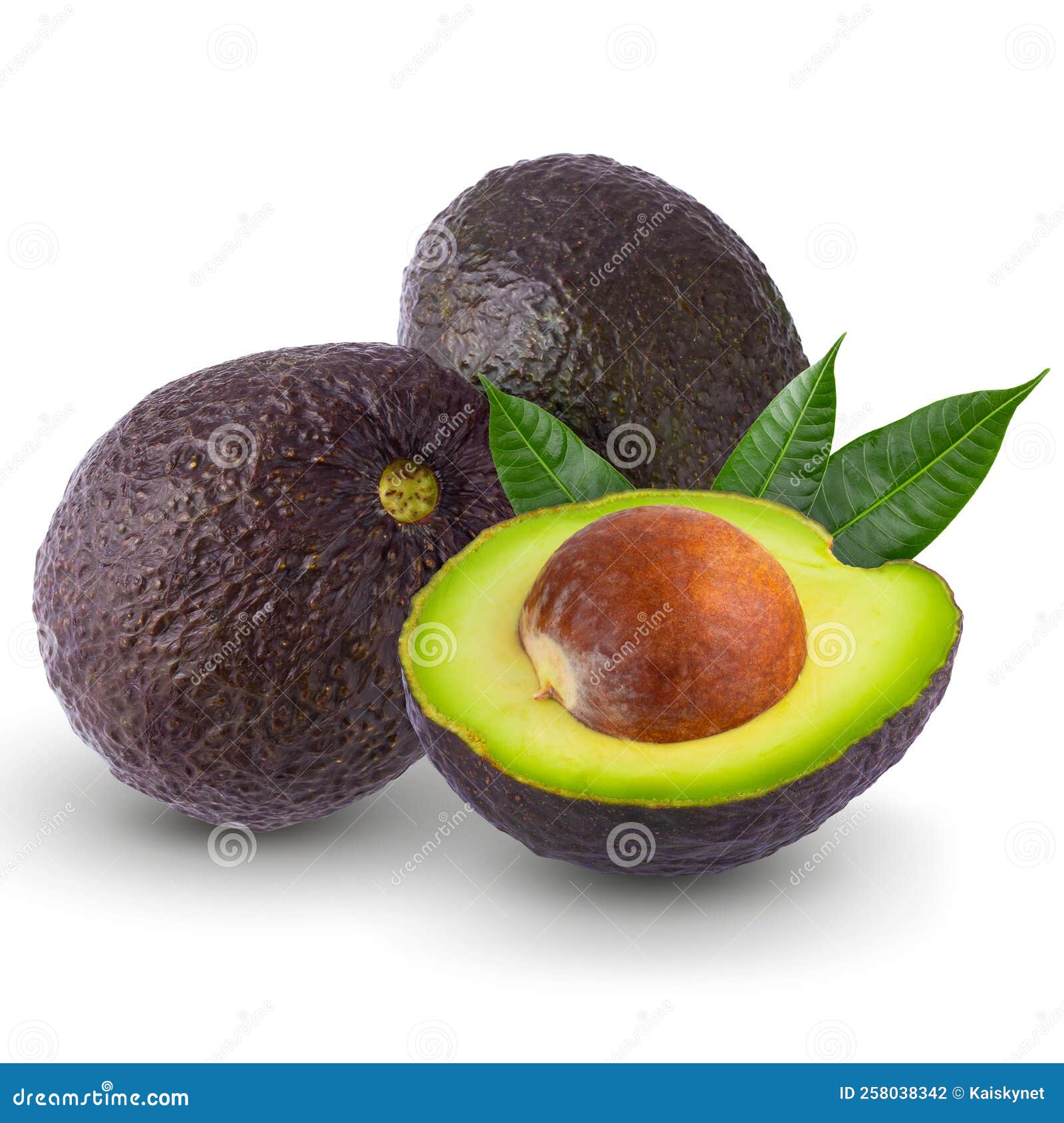 Avocado with Leaves and Half of Fresh Avocado with Kernel Isolated on a ...