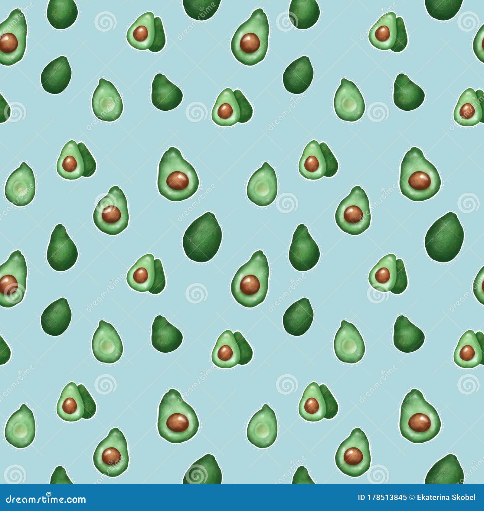 Avocado Set Seamless Pattern, Procreate Sketch, Raster Illustration ...