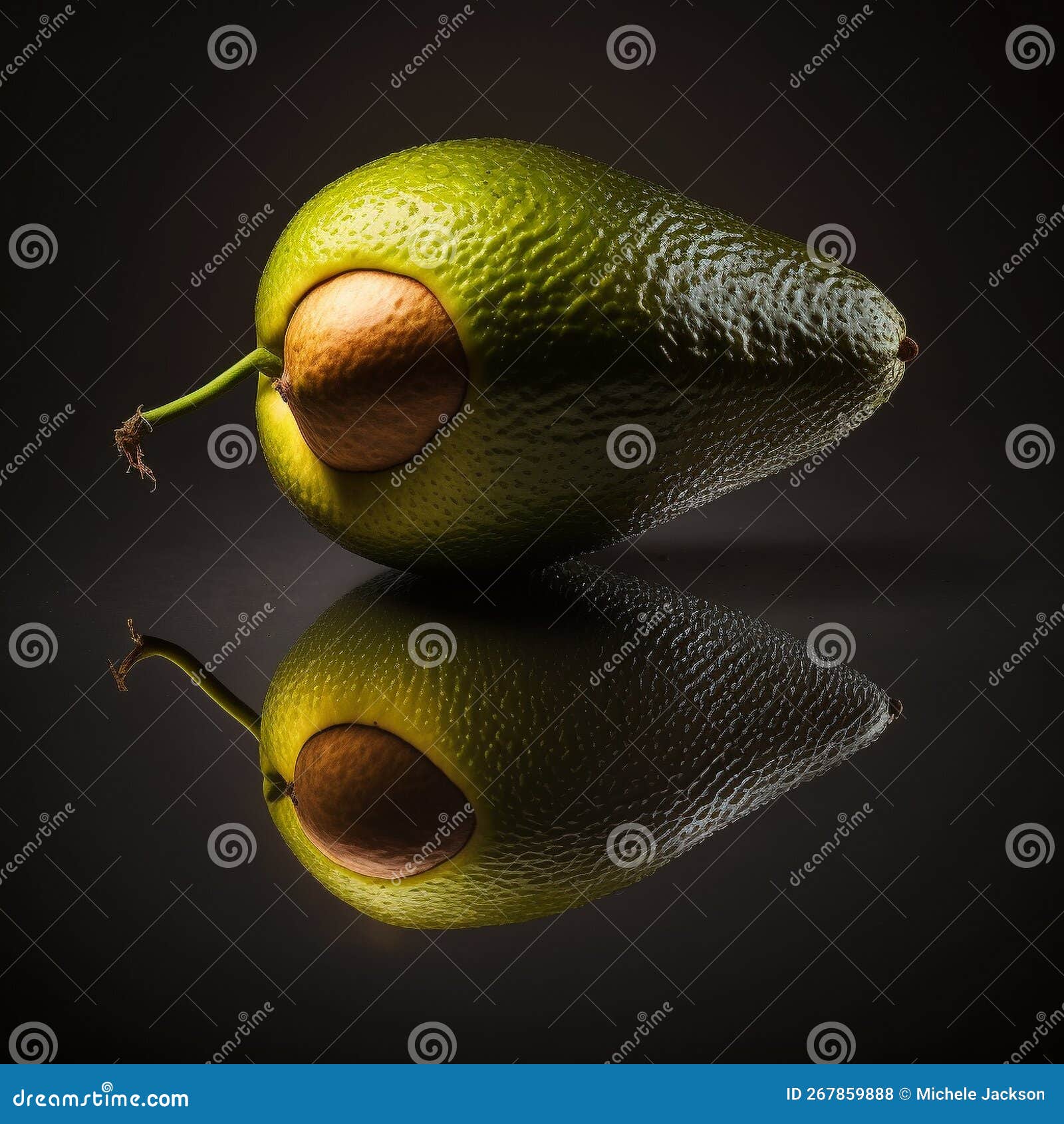 An Avocado Showing the Seed, Reflected on a Shiny Black Surface ...
