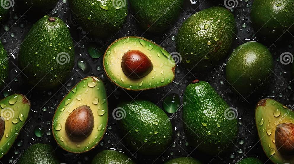 An Avocado is Shown with Drops of Water on the Surface of the Image and ...