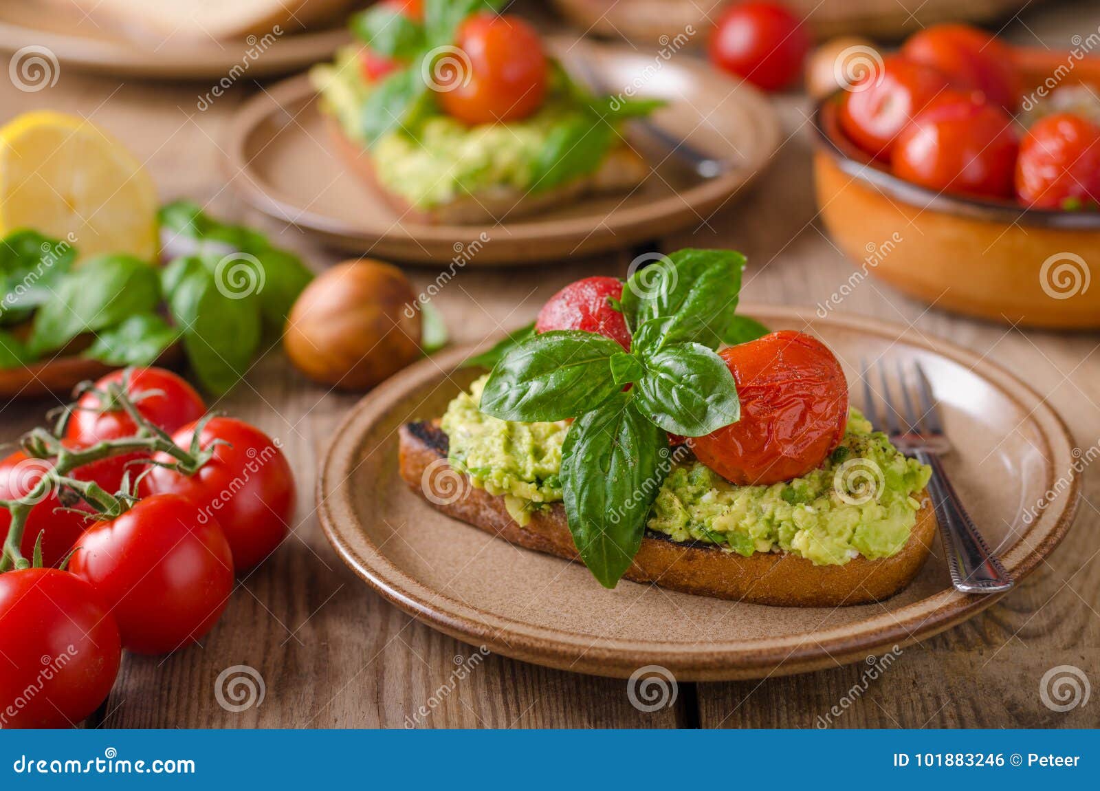 Avocado Spread Bread with Baked Tomato Stock Photo - Image of natural ...