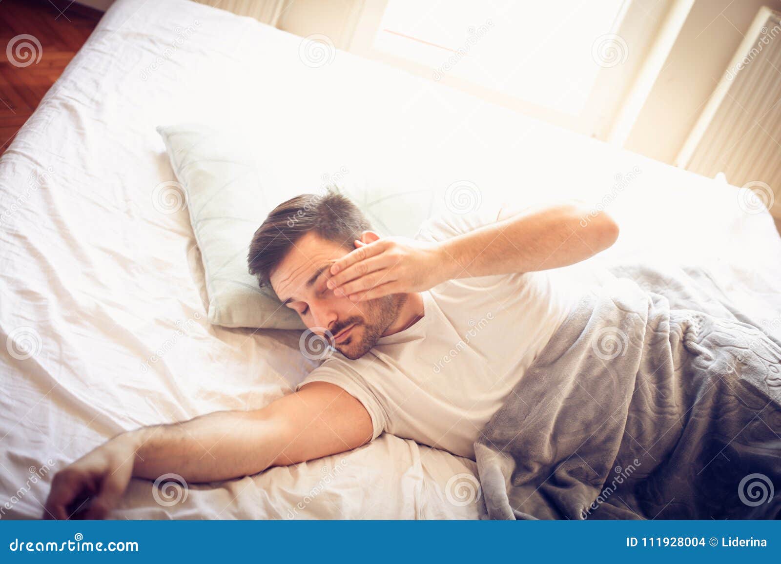 Awaking. Man in Bed. from Above. Stock Photo - Image of space, inside ...