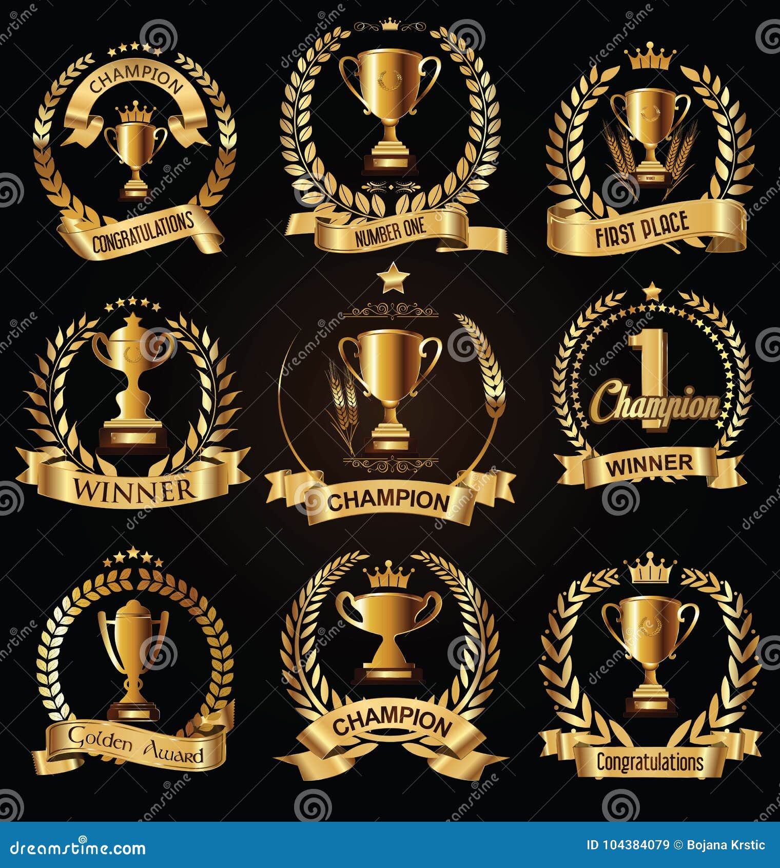 Trophy and Awards Laurel Wreath Golden Collection Stock Vector ...