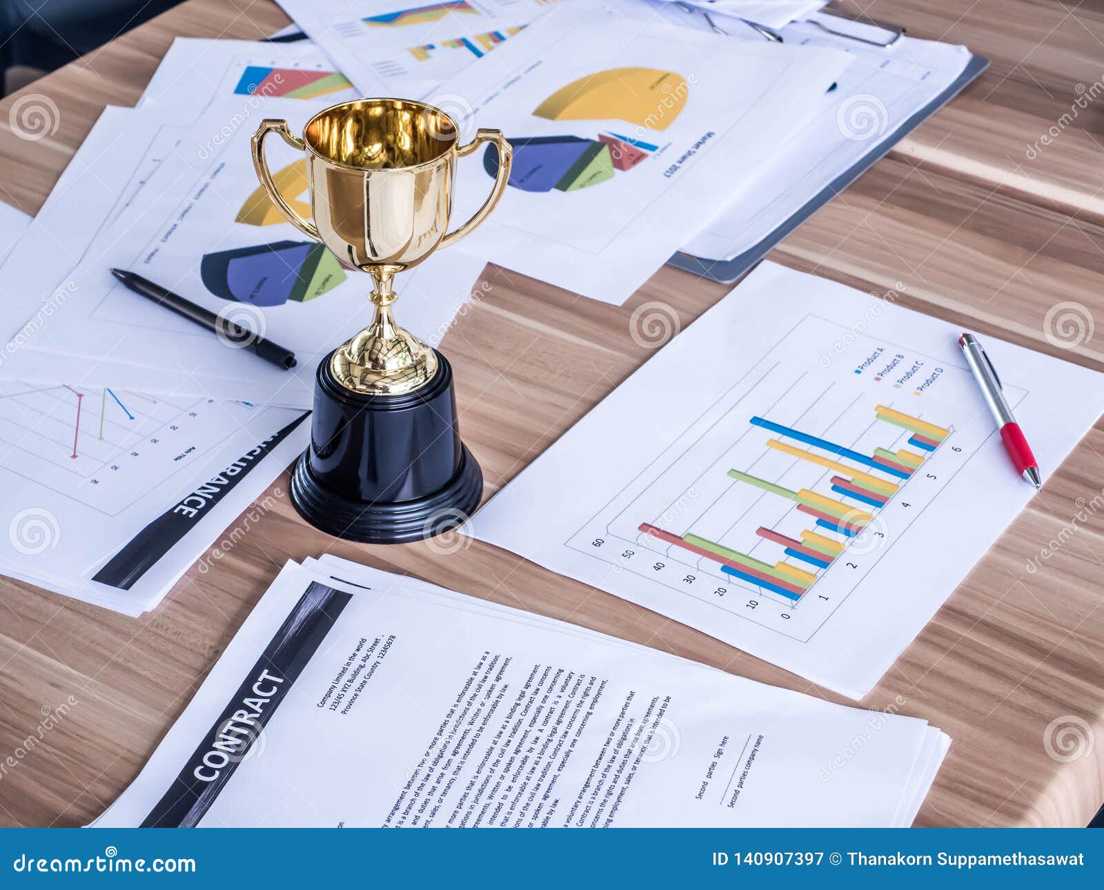 Award Trophy on Working Table with Document and Contract Stock Image ...