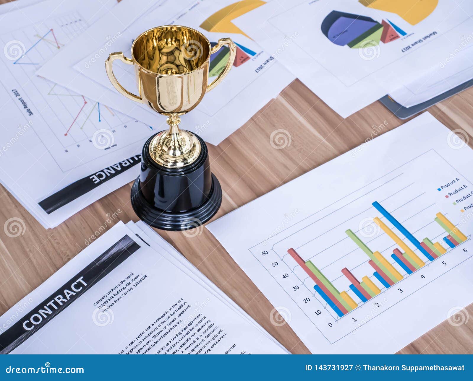 Award Trophy on Working Table with Document and Contract Stock Image ...