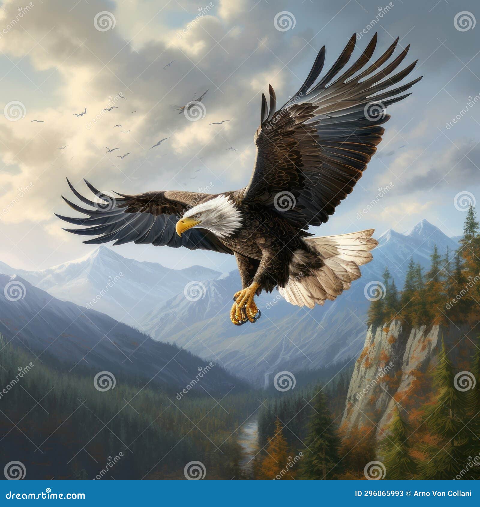 Majestic Bald Eagle Soaring Over a Picturesque Mountain Landscape Stock Illustration ...