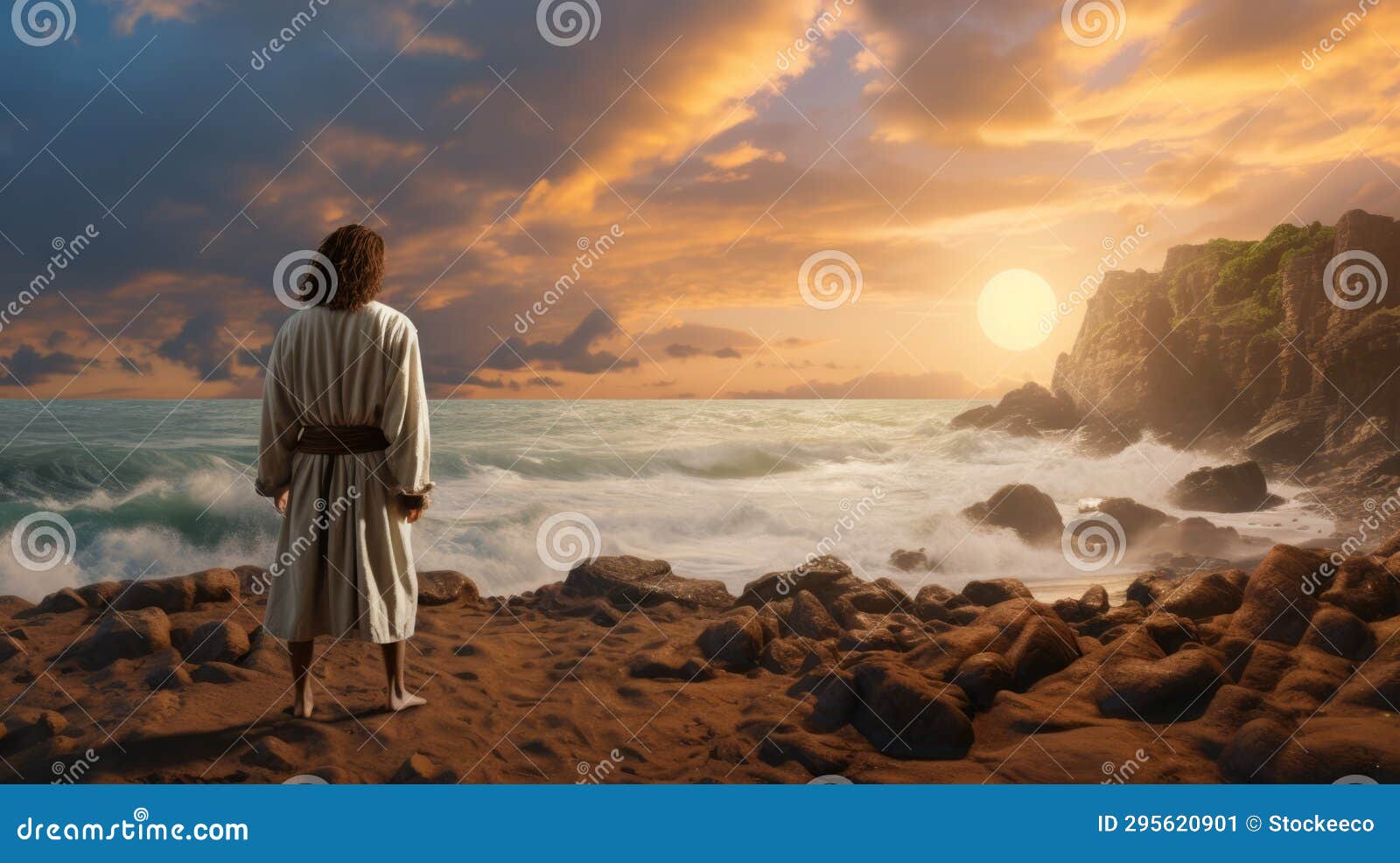Awe-inspiring Sunset Jesus on the Seashore Stock Illustration ...