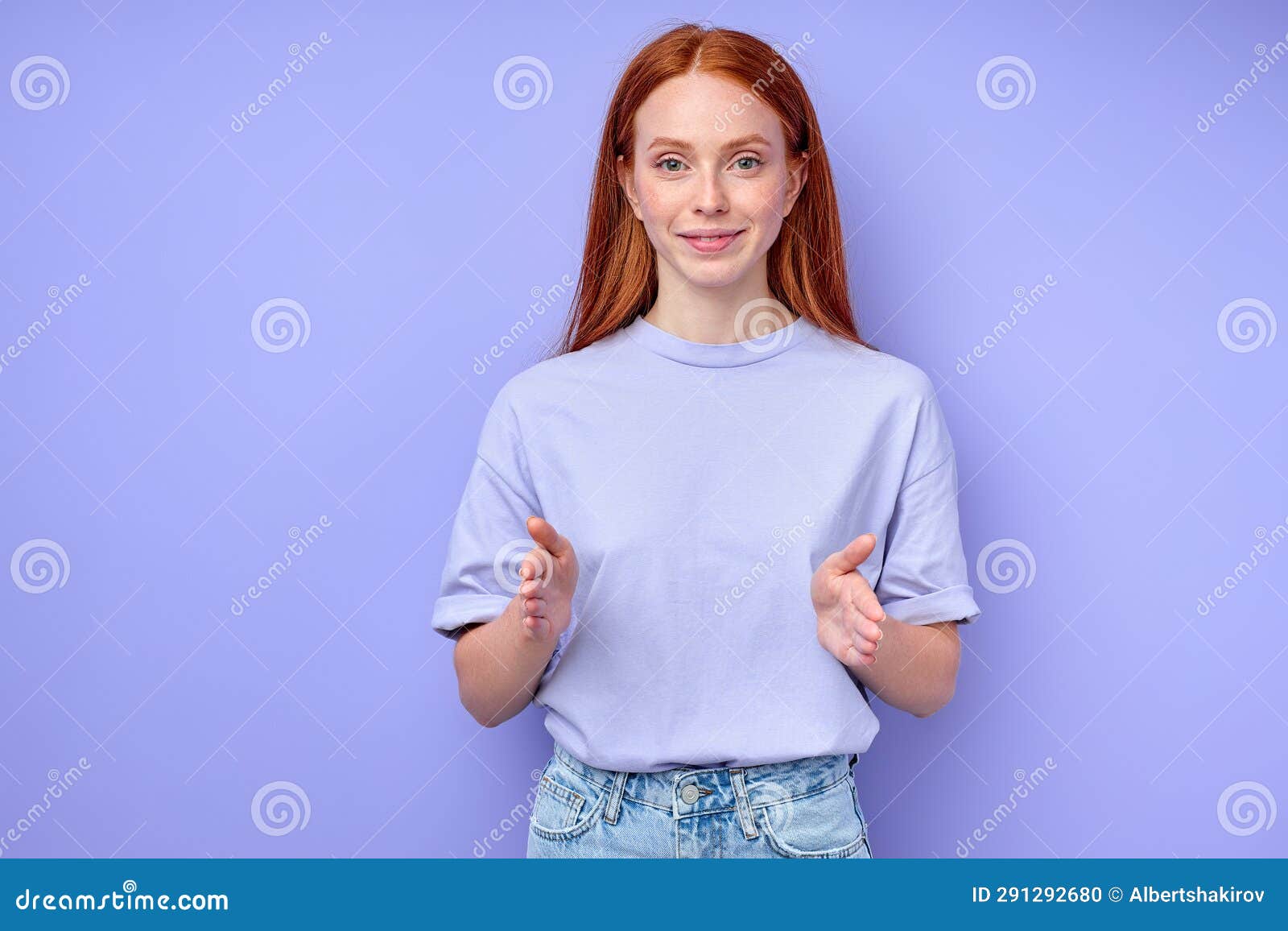 Awesome Ginger Girl Talking with Gestures, Stretching Arms, Looking at ...
