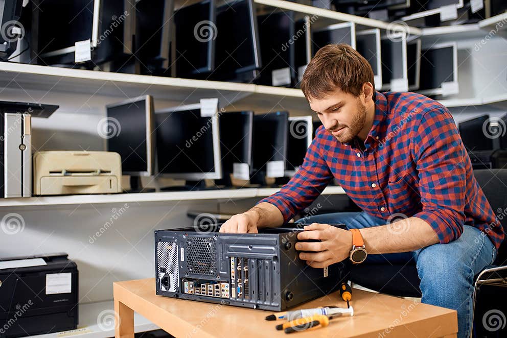 Awesome Man Having Some Problems with PC Stock Photo - Image of case ...