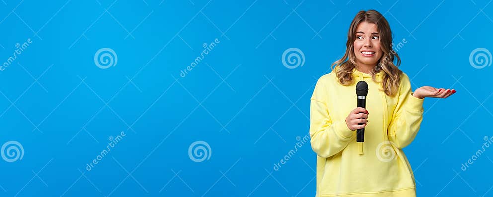 Awkward Cute Blond Girl Dont Know Lyrics As Singing Karaoke Looking At Friend Nervous Smile