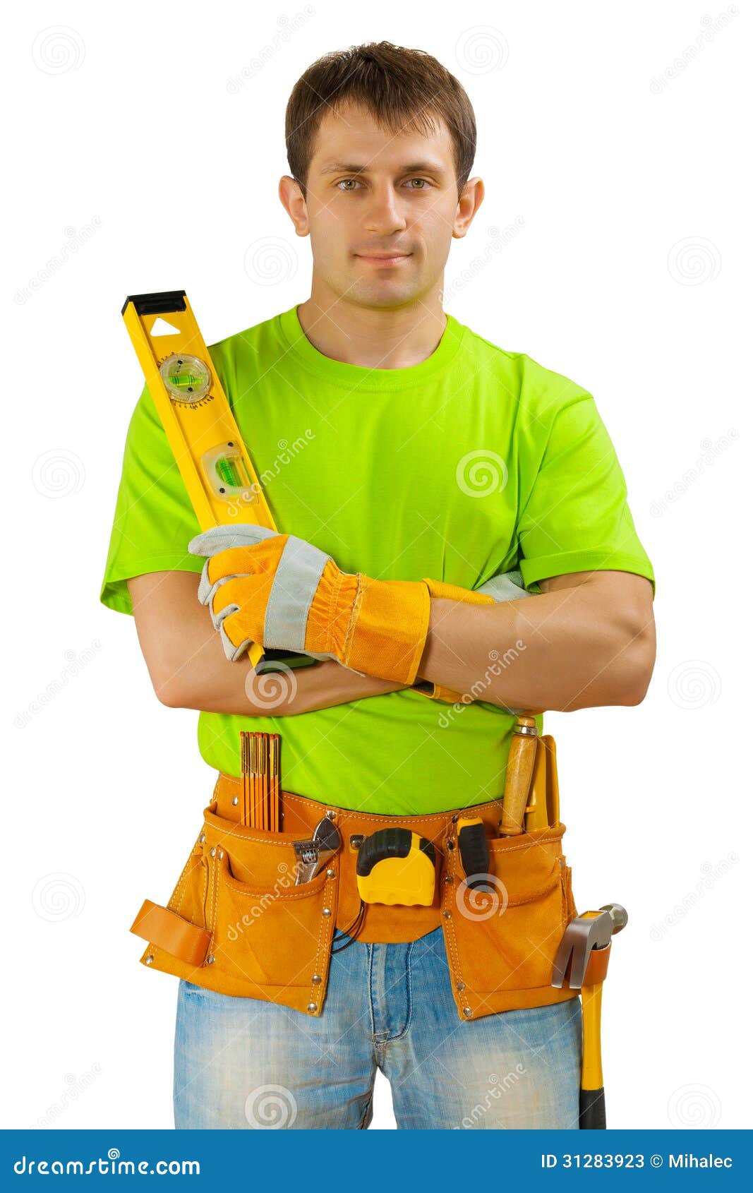Aworker with Toolbelt and Construction Level Stock Image - Image of ...