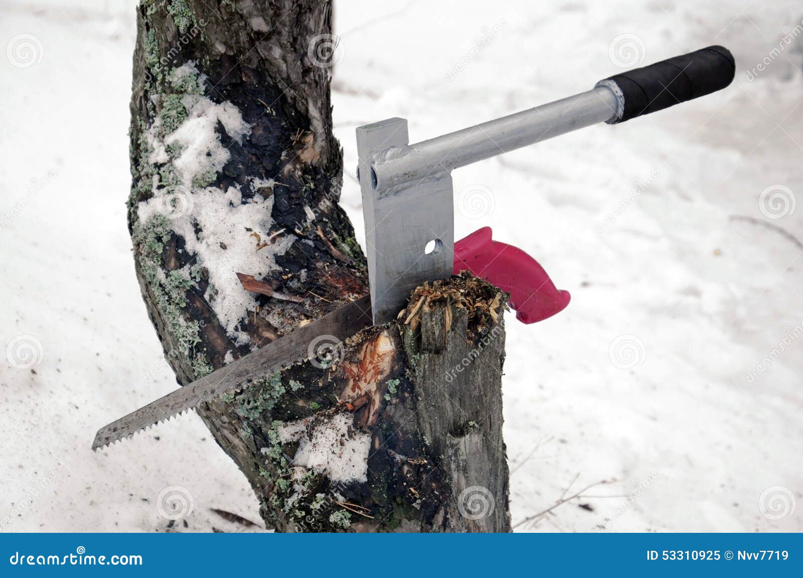 Ax and saw stock image. Image of work, closeup, winter - 53310925