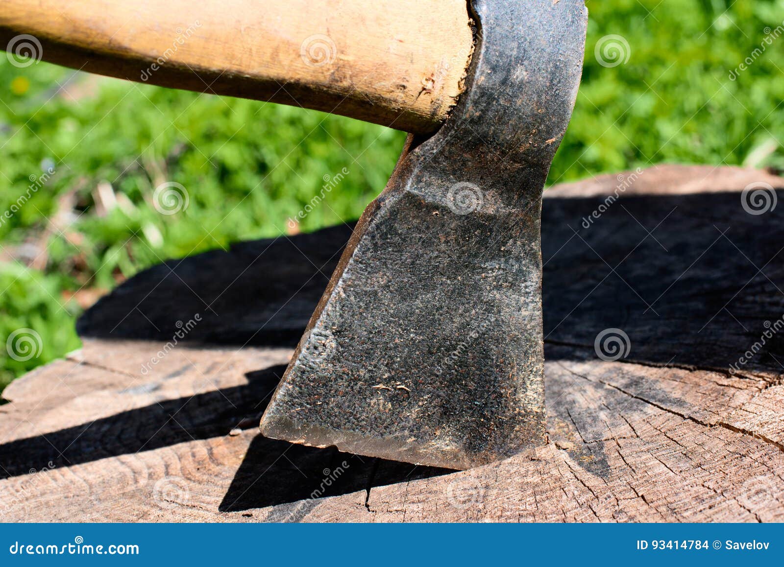 The Ax Is Stabbed With A Blade Into The Stump. Axe For Removing Tree ...