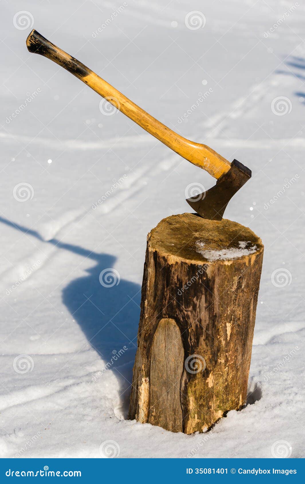 Ax Stuck in Wood Log Snow Winter Stock Image - Image of sharp, work ...