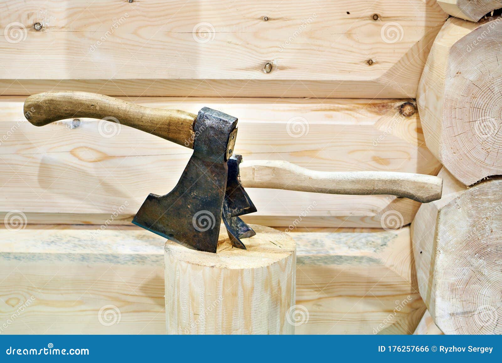 Axe and adze on wood stock photo. Image of adze, lumber - 176257666