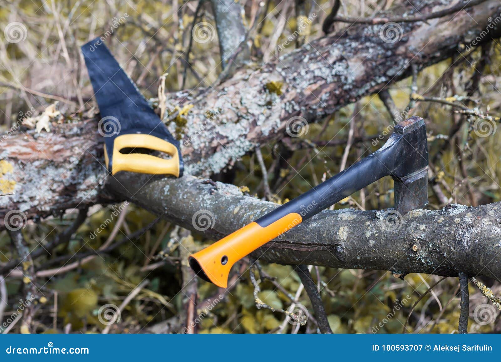 An axe and chainsaw stock image. Image of lumber, chainsaw - 100593707