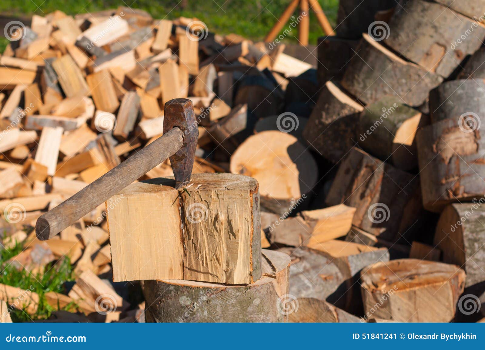 Axe In Chopping Block And Firewood. Ax Pile Of Stock Image - Image of ...