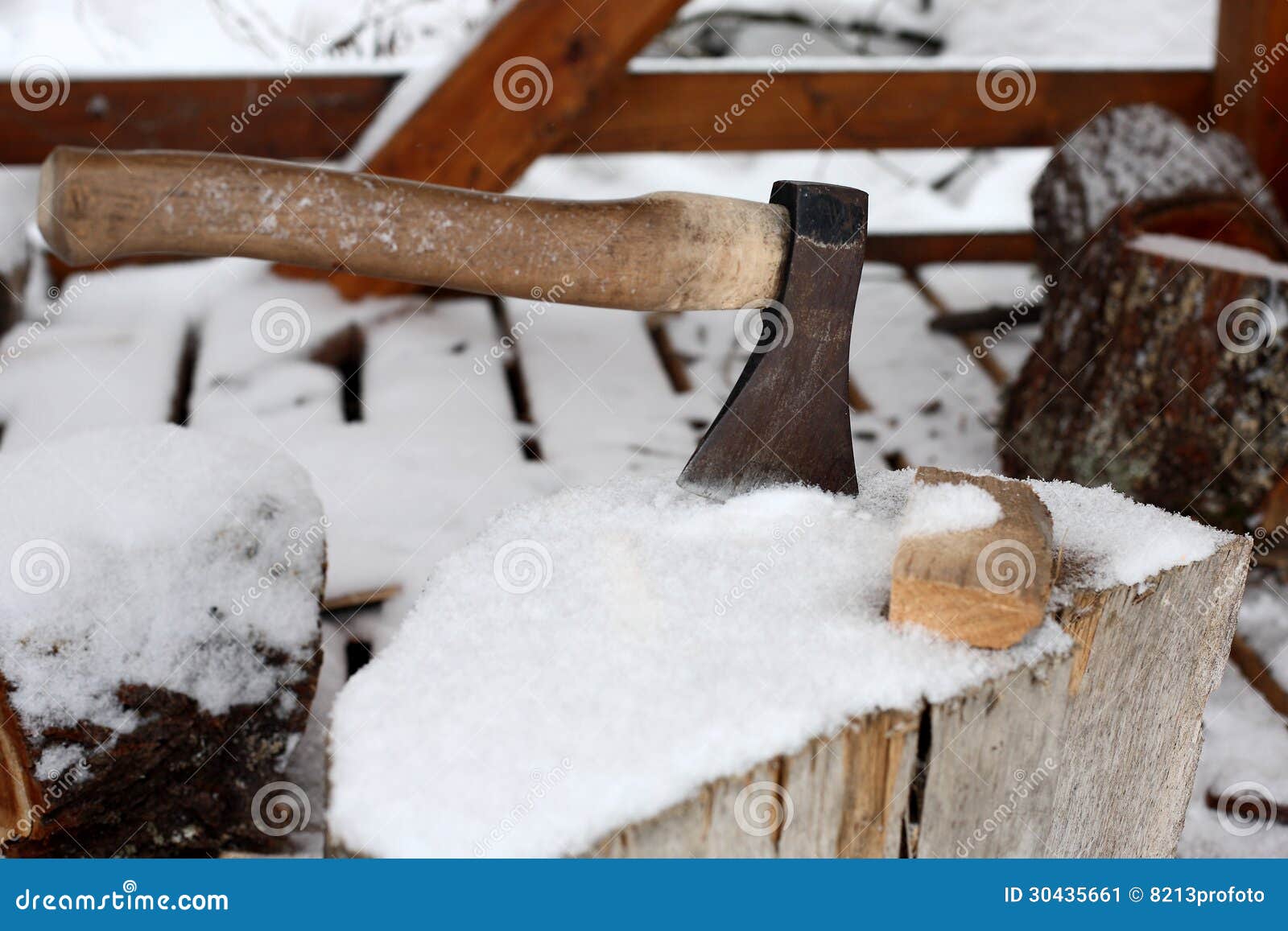 Axe on Chopping Block in Winter Stock Image - Image of grass, handle ...
